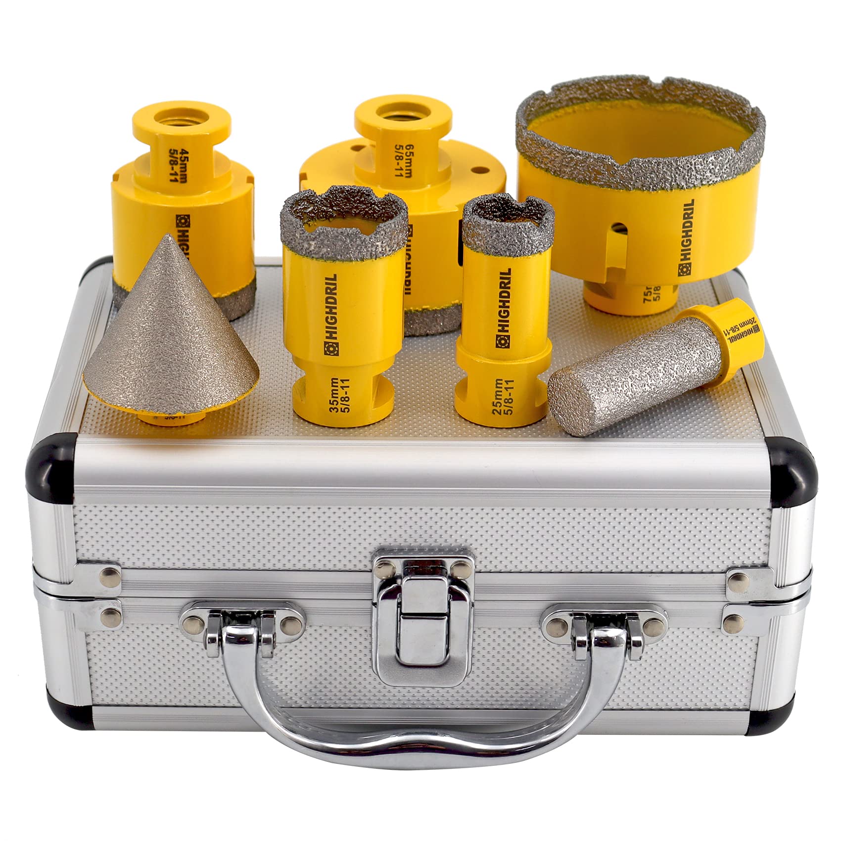 HIGHDRIL Diamond Drill bits kit with 5/8-11 for Porcelain Porcelain Tile Ceramic Marble Brick Concrete Vacuum Brazed Hole Saw (25/35/45/65/75mm+20mm Finger Bits+50mm Beveling Chamfer Bit)