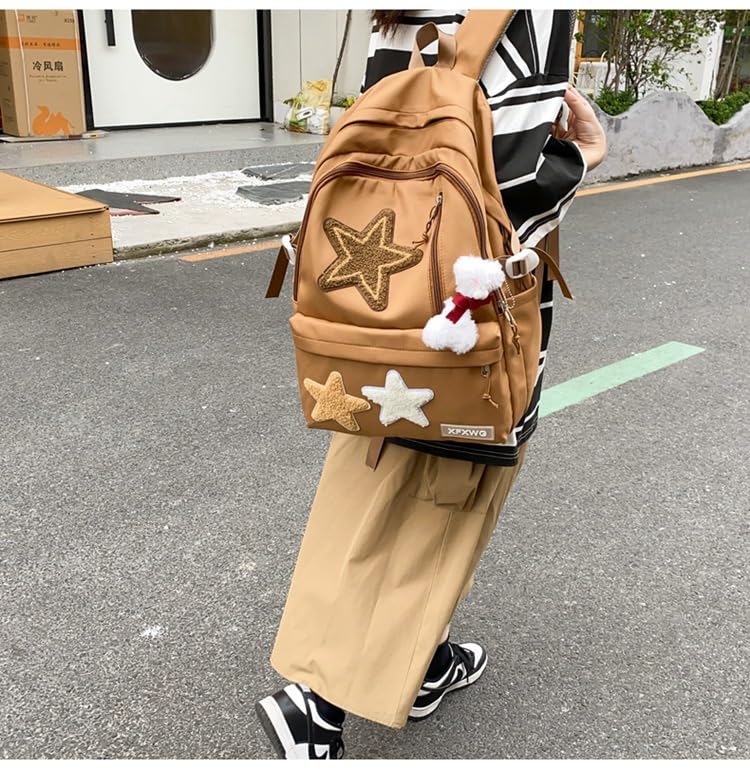 MININAI Y2k Backpack with Kawaii Pendant Aesthetic Star Backpack Cute Preppy Laptop Book Bag Back to College Supplie (Caramel,One Size)