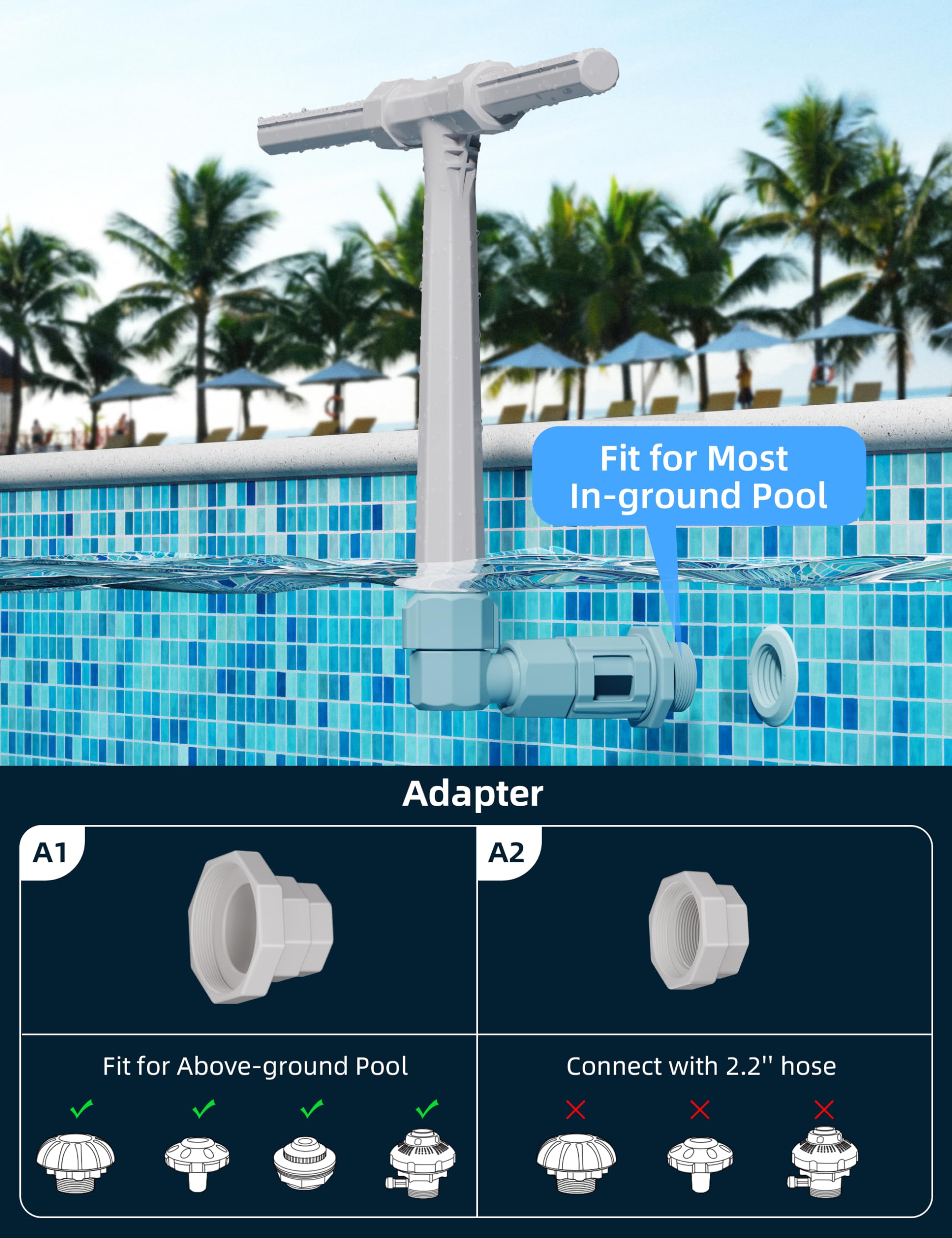 Kompoll Pool Fountain above Swimming Pools, Adjustable Water Dual Spray Sprinkler Pool Fountain for Inground Pools, Fun Pool Waterfall Sprayer for Backyard Outdoor, Grey