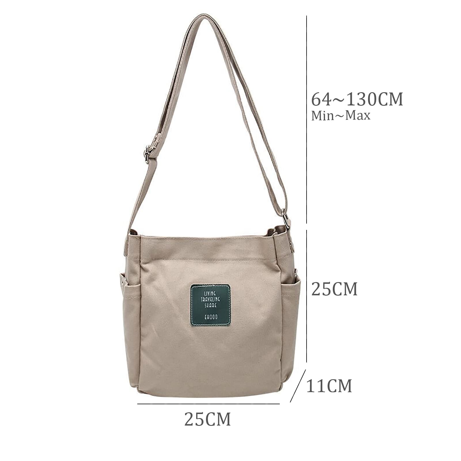 HAPPYHEIDI Women Small Canvas Tote Bag Handbag with Pockets, Zipper Closure, Crossbody Strap, for School Work Travel, Khaki