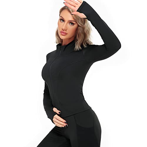 FITTOO Women's Slim Long Sleeves Running Shirts UPF 50+ Full Zip Athletic Jackets with Thumb Holes Black L