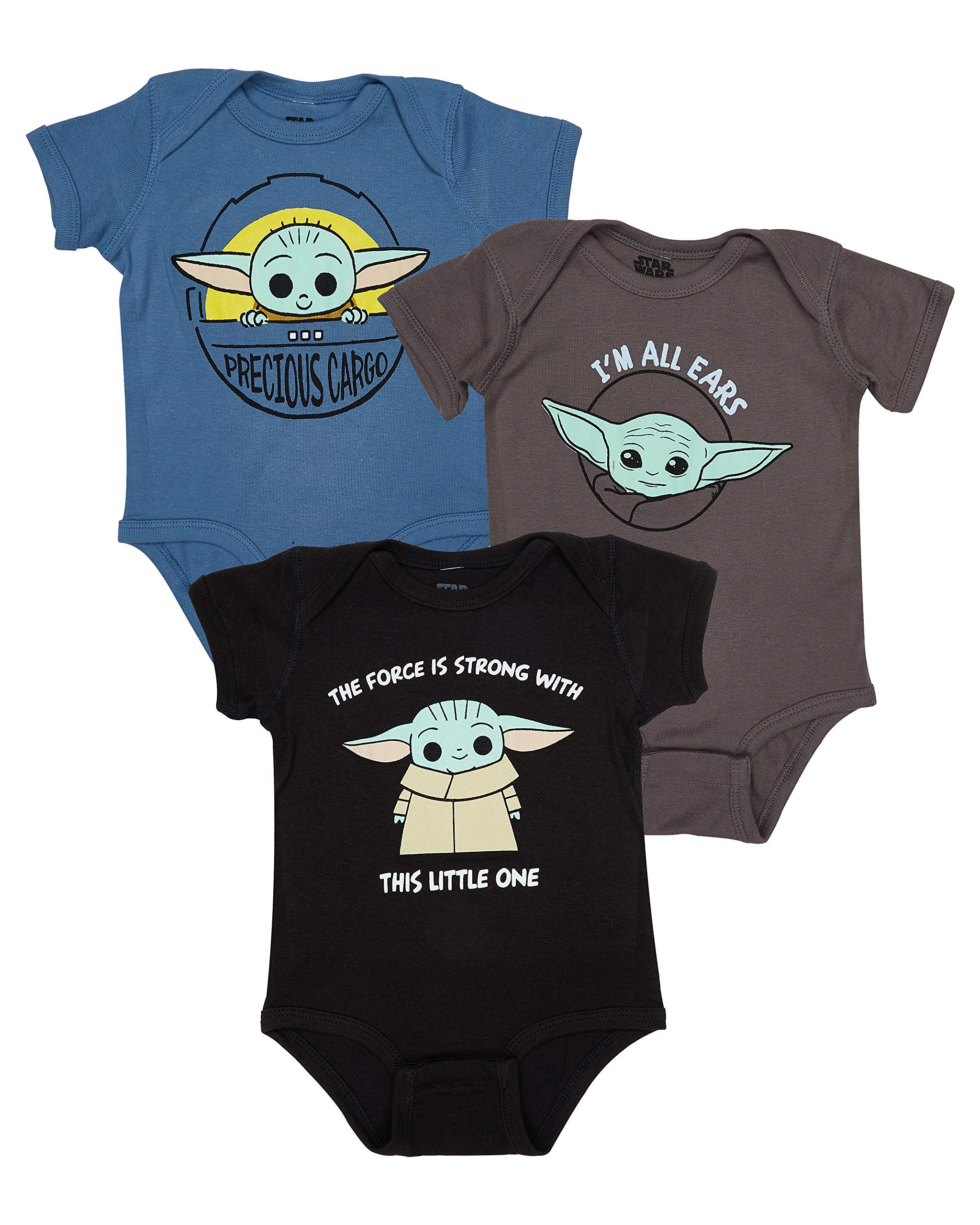Disney Boys' Star Wars Baby Yoda Creeper Onesies Bodysuits 3 Pack, 3pk Grey-blue-black, 0-3 Months