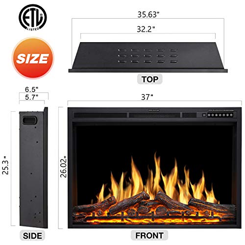 R.W.FLAME Electric Fireplace Insert 37Inch with Adjuatble Flame Colors, Log Colors, Flame Speed and Brightness, Remote Control, 750W/1500W