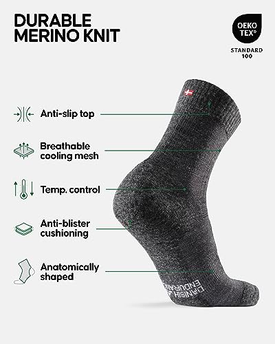 DANISH ENDURANCE Merino Wool Light Hiking Socks, Cushioned & Moisture Wicking Hiking Socks, Men, Women & Kids, 3 Pack
