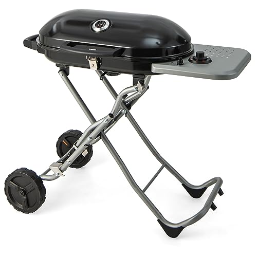 Giantex Gas Grill, Portable Propane Grill with 15,000 BTUs Burner, Side Table, 2 Wheels, Grease Tray, Metal Frame, Folding Stand-Up Propane Gas Grill for Outdoor Cooking Camping Barbecue (Black)
