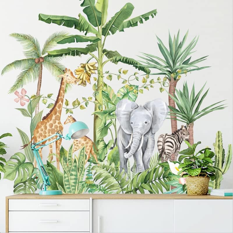 HappyPeach Tropical Rainforest Animals Plants Wall Stickers Jungle Safari Animal Elephant Giraffes Zebras Panda Wallpaper Decor Peel