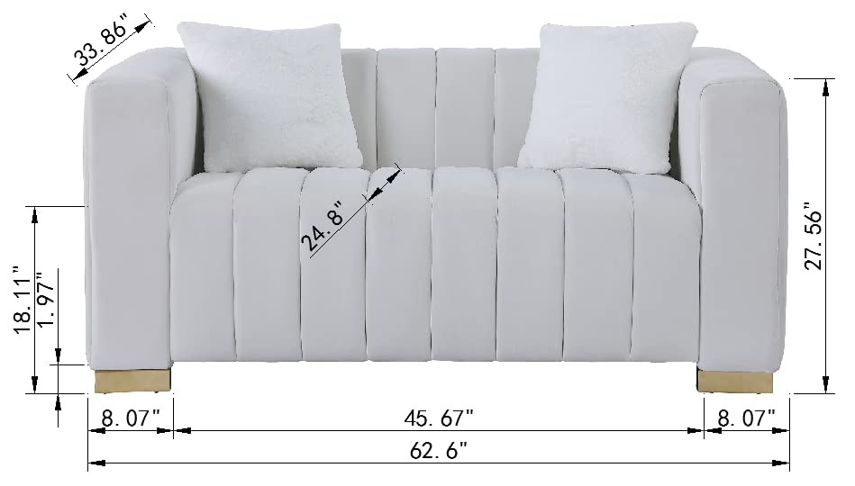 kevinplus 62.6'' Loveseat Chesterfield Sofa Couch for Living Room, Velvet Modern 2-Seat Upholstered Sofa Couch for Apartment Bedroom Dorm Office, Strong Gold Metal Legs, 2 Pillows, White