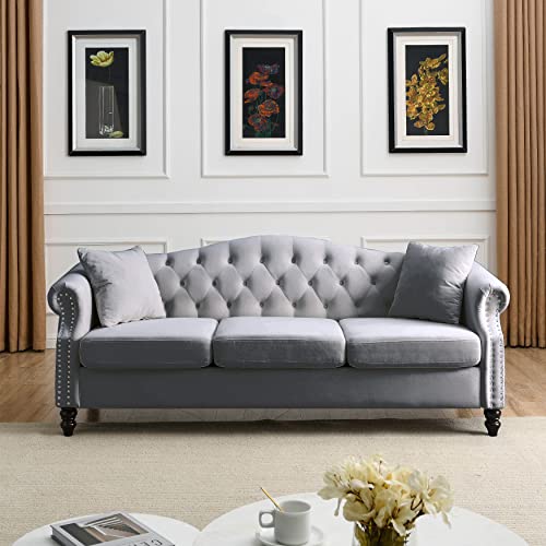 kevinplus 79" Velvet Chesterfield Sofa for Living Room, Modern Upholstered Tufted 3 Seater Sofa Tufted Couch with Rolled Arms and Nailhead for Living Room Bedroom Office Apartment, 2 Pillows, Grey