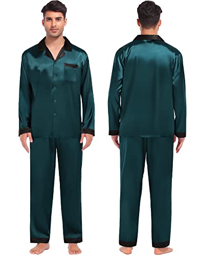 SWOMOG Silk Pajamas Set Women Long Sleeve Satin Sleepwear Loose Long Pants Loungewear Couples Pjs Set for His and Her Deep Green