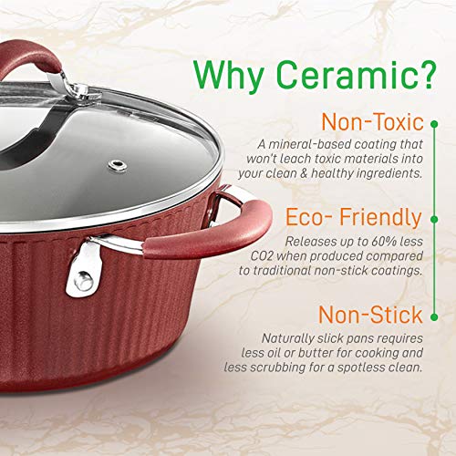 NutriChef Non-Stick Kitchenware Pots & Pans, Gray Inside & Red Outside, Metal + Silicone Handle, PTFE/PFOA/PFOS Free NCCW11RDL, 11 Pcs. Stylish Kitchen Cookware Set w/Elegant Lines Pattern