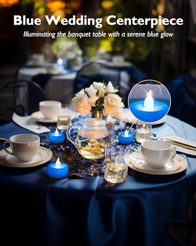 Homemory 24-Pack Flameless Blue LED Tea Lights Candles Bulk, 200+ Hours Long-Lasting Battery Operated Tea Lights, Blue TeaLights for Party, Wedding, Holiday [White Base]