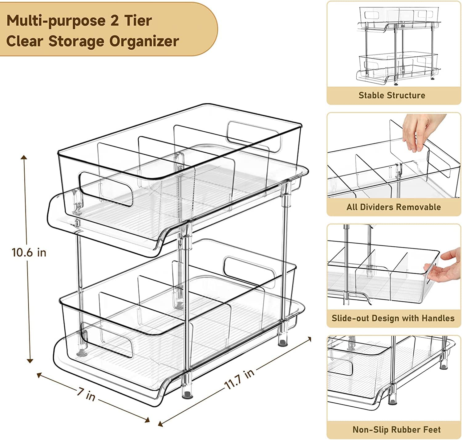 HIHEGD 2 Tier Bathroom Storage Organizer with Dividers, Clear Under Sink Organizers and Storage Pull Out Cabinet Organizer for Bathroom Kitchen Pantry Storage, Medicine Cabinet Organizer
