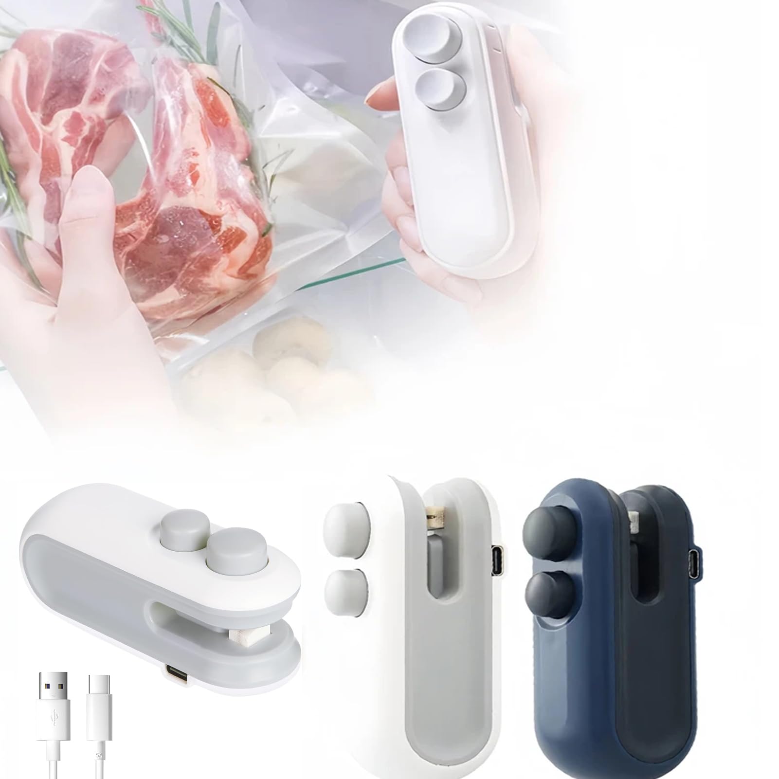 Mini Bag Sealer 2 Pack Bag Sealer with Cutter and Magnet 2 in 1 Mini Bag Resealer Machine Portable Handheld Rechargeable Heat Vacuum Food Sealer for Plastic Bags Snacks & Food Storage (2, white&blue)