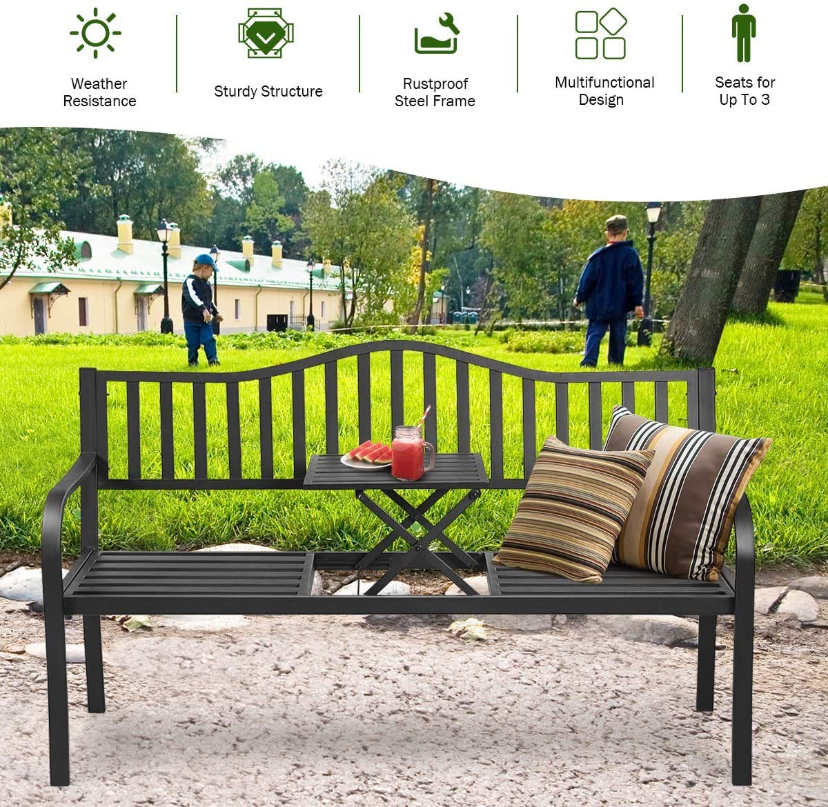Giantex Patio Bench w/Pullout Middle Table, Outdoor Benches, Garden Bench, Front Porch Bench, Pool Deck Bench, Loveseat Chair, Patio Seating for 2-3 Person, Metal Benches for Outside (Black)