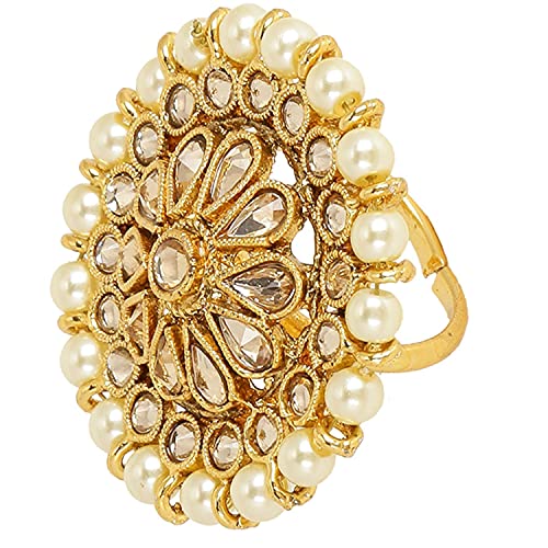 Efulgenz Indian Bollywood Traditional Antique Round Pearl Crystal Kundan Adjustable Big Ring Finger Jewelry (Style 2)