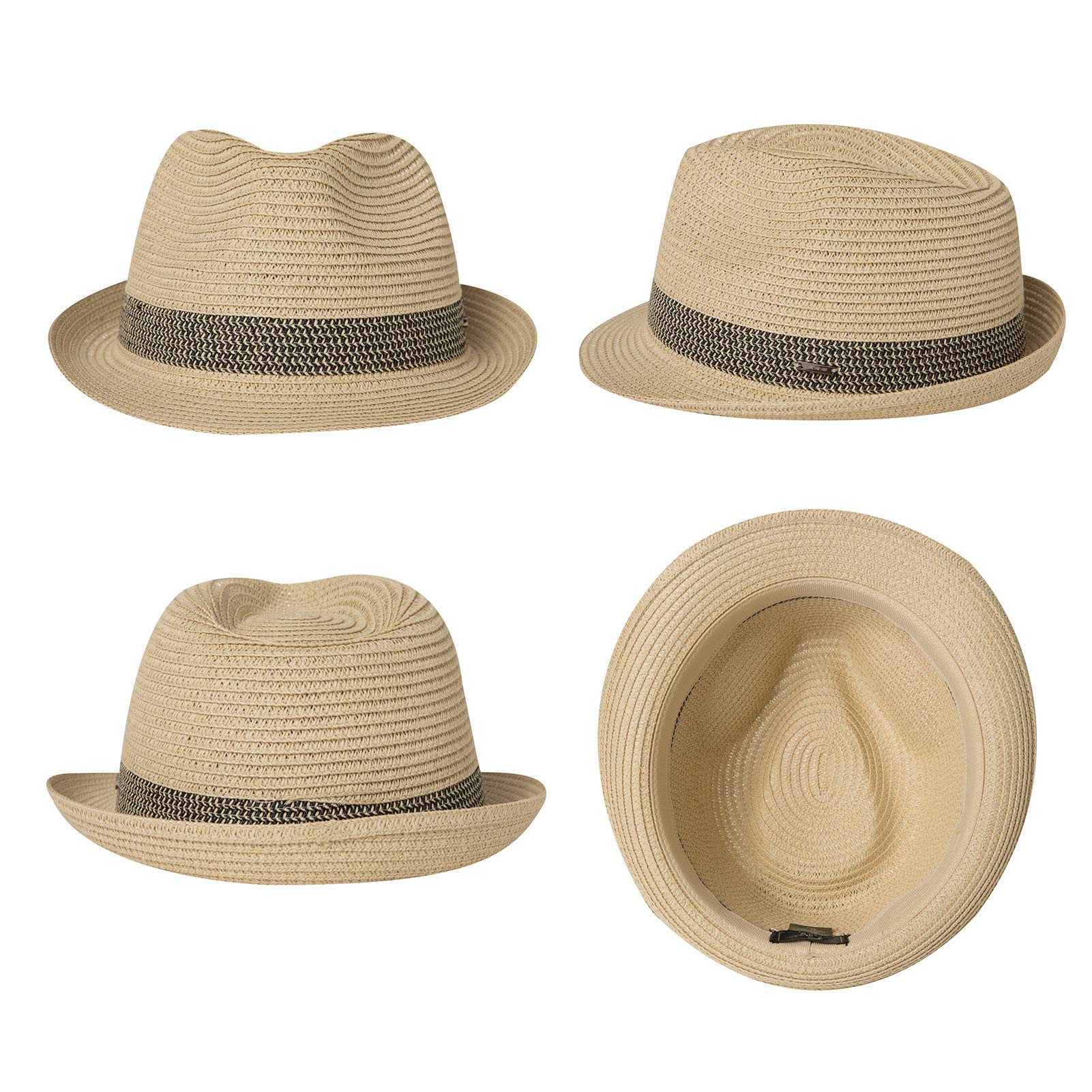 Fancet Packable Straw Fedora Panama Sun Summer Beach Hat Cuban Trilby Men Women 55-64cm (US, Alpha, Large, Beige-Black)
