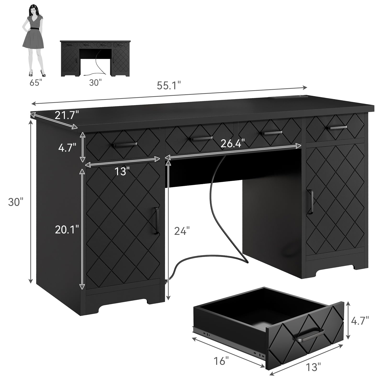 Jojoka 55" Executive Desk, Wood Computer Desk with Drawers and Cabinet, Home Office Desk with Charging Station for Work Study Writing