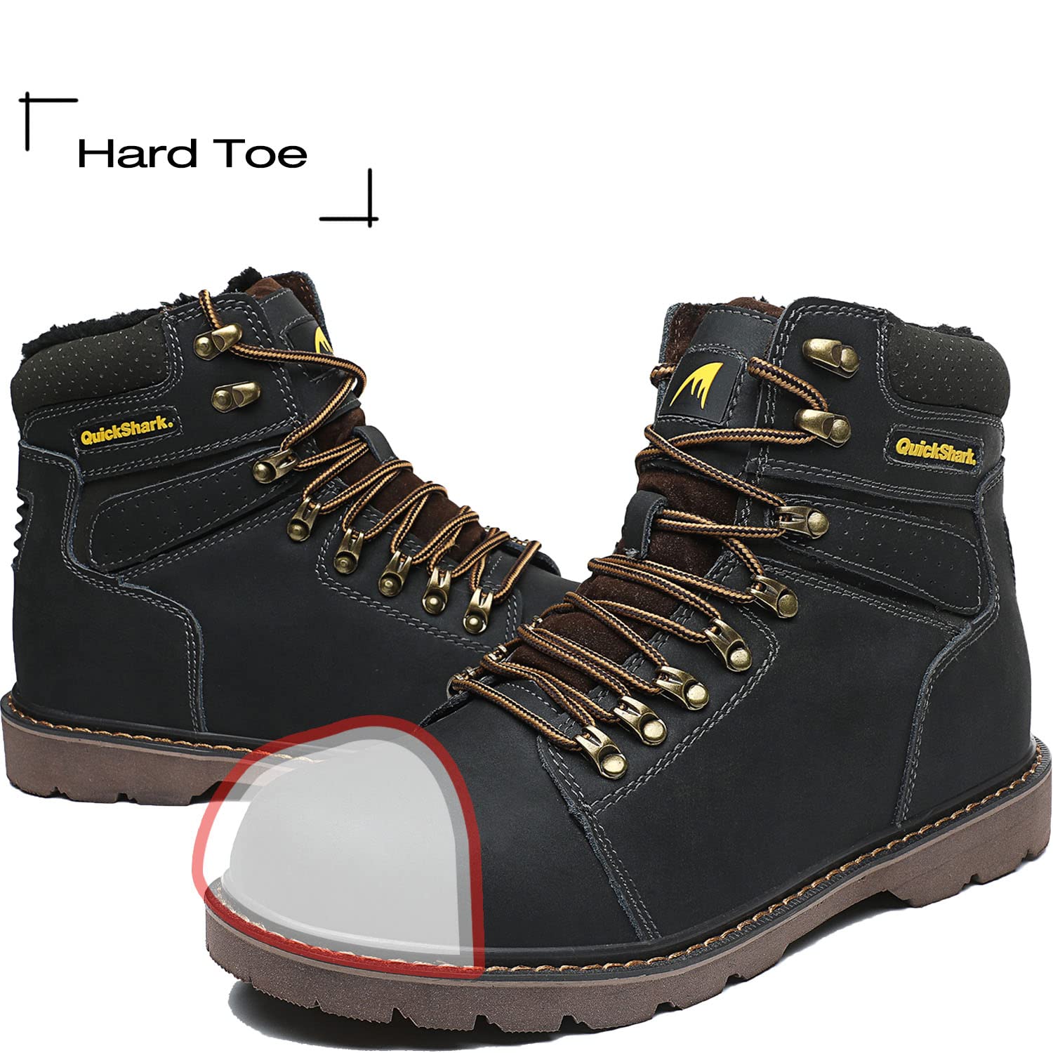 FiveStoresCity Men's Winter Snow Boots, Waterproof Leather Mid Ankle Hiking Walking Boot, Non Slip Insulated Shoes Warm Fur Lining Black 10.5