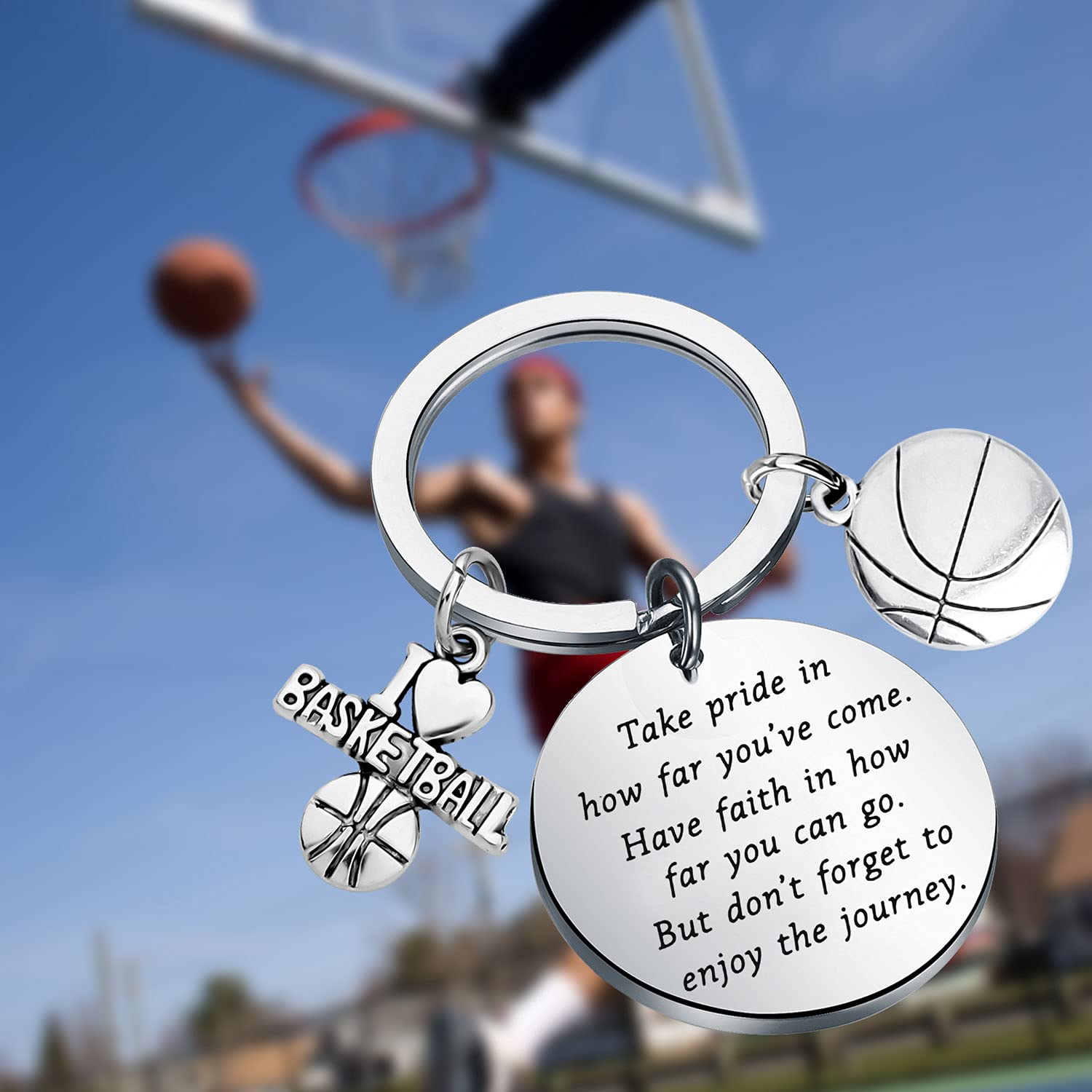 FUSTMW Basketball Keychain Basketball Lovers Gifts Basketball Player Gifts Take Pride In How Far You Have Come (silver)
