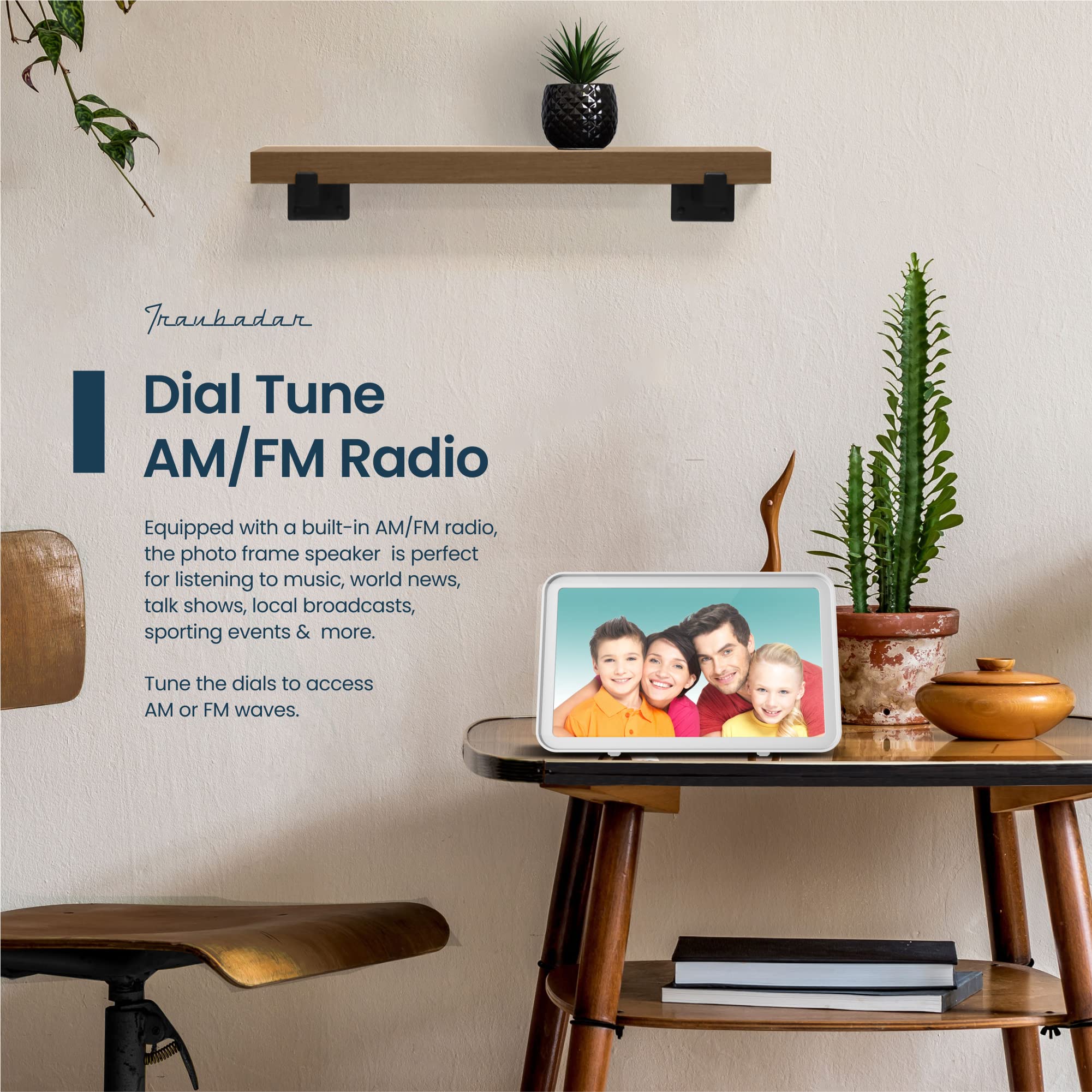 TRENBADER Bravo Gallery Picture Frame Bluetooth Speaker FM Radio Wireless Rechargeable 7β Custom Photo Frame Portable Bluetooth Speaker Loud HD Stereo Sound Rich Bass for Home Office Desk Shelf White