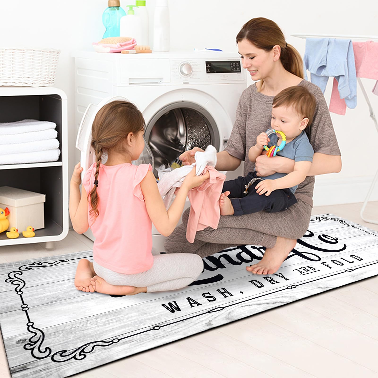 EARTHALL Laundry Room Rug Runner White 24"x60" Non Slip Waterproof Laundry Mats for Laundry Room Decor Washable Floor Laundry Rug for Laundry Room, Mudroom, Kitchen, Washroom