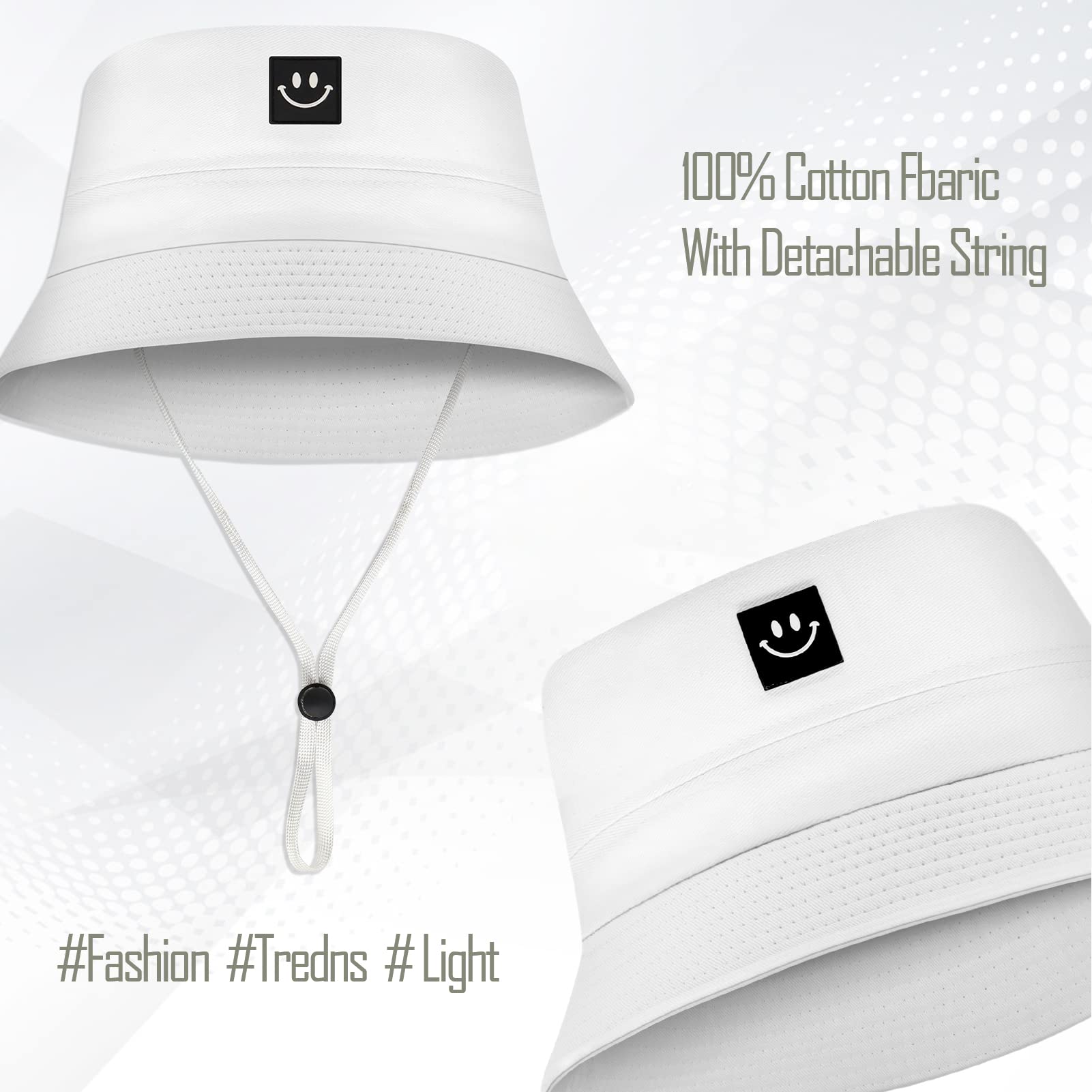 DeDary Unisex 100% Cotton Smiley Face Bucket Hats with Strings, Aesthetic Summer Travel Beach Sun Hat for Women, Packable Cute Visor Outdoor Cap for Men - 2pack White/Black Smiley face
