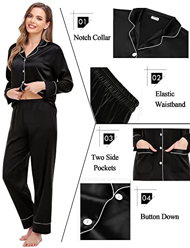 SWOMOG Womens Silk Satin Pajamas Long Sleeve Loungewear Two-piece Sleepwear Button Down Pj Set Black