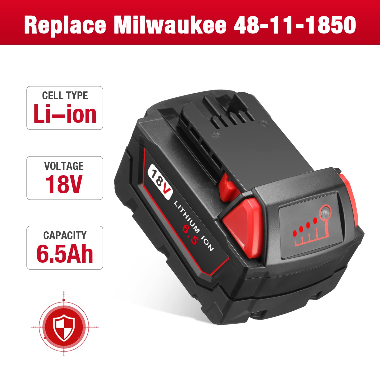 FirstPower 6.5Ah 18V M-18 Battery 2Packs - Compatible with Milwaukee M-18 48-11-1852 18V Lithium Cordless Power Tools - M18B 48-11-1850 48-11-1820 48-11-1828 48-11-10