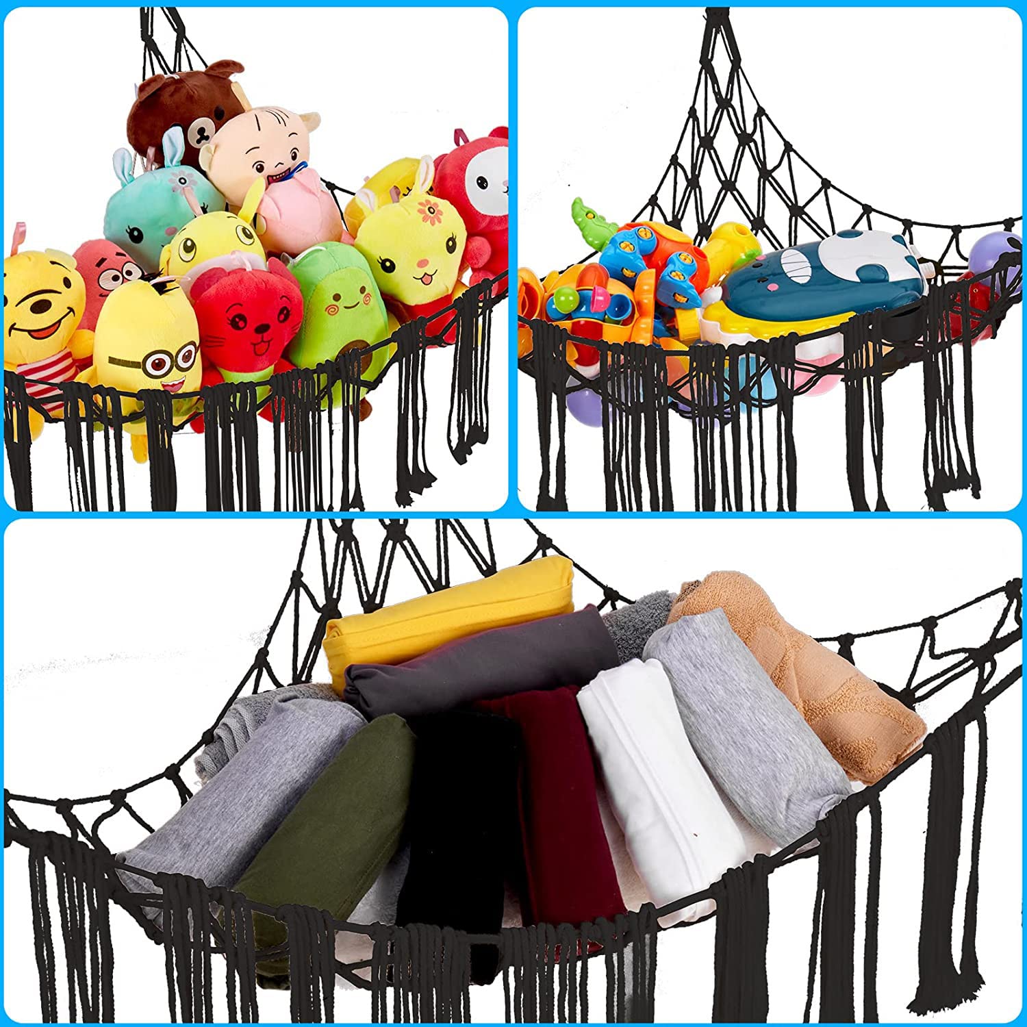 HZIYOU Hanging Corner Net for Stuffed Animals Storage, Stuffed Animal Hammock Holder with Hooks for Hanging, Toy Organizer for Bedroom Nursery Crib Kindergarten (Black)