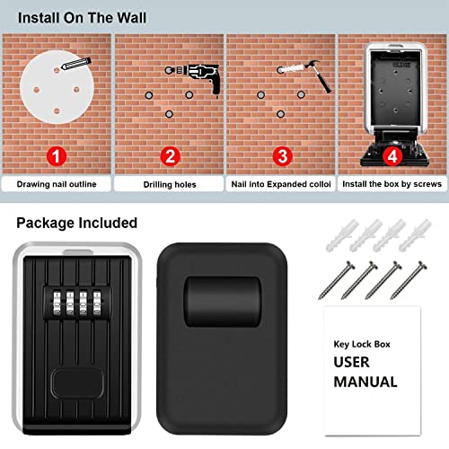 Key Lock Box with 4-Digit Combination, Lock Box Outside for House Key, Wall Mounted Weatherproof Resettable Code Key Lock Box for Outside, Ideal for Homes Hotels Schools