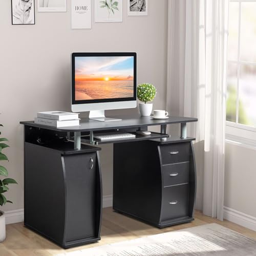 DESIGNSCAPE3D Modern Black Computer Desk with Keyboard Tray, 3 Drawers, and Charging Station - Home Office Desk for Efficiency and Style
