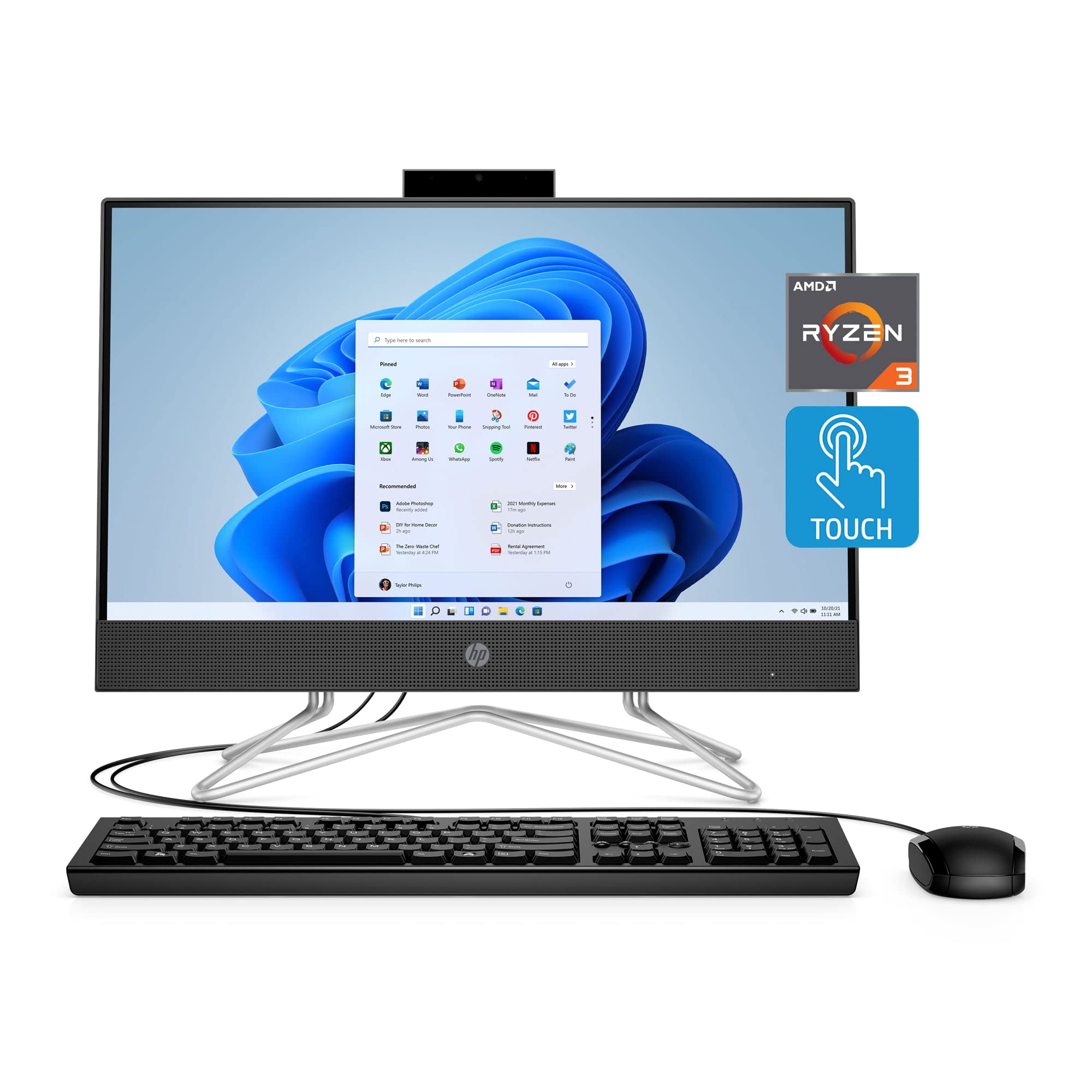 HP 22-inch All in One Desktop Computer, 21.5" FHD Touchscreen, AMD Ryzen 3 3250U Processor, 32GB Memory, 1TB SSD, Build-in Webcam, Wi-Fi, Bluetooth, Keyboard & Mouse, Windows 11 Home, Black