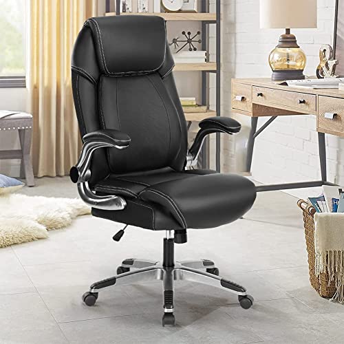 KCREAM Office Chair, Executive Chair Ergonomic Desk Computer Chair PU Leather Swivel Task Chair with Flip-up Armrests & Padded Spring Back Support,300lbs Weight Capacity (9248-black)