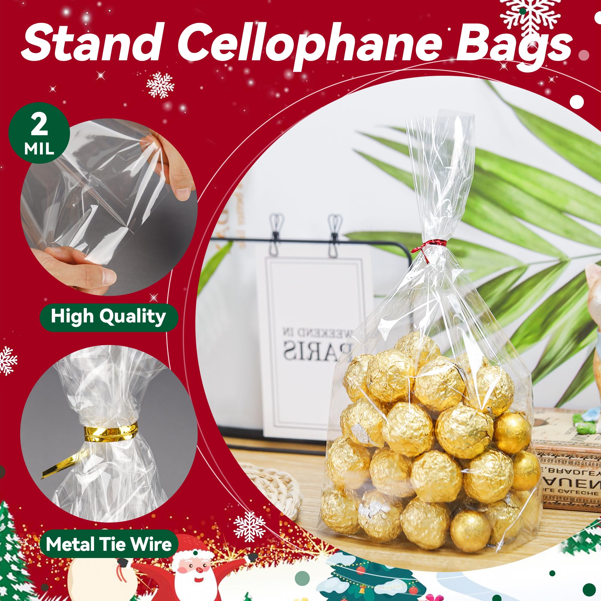 NPLUX 50 Pack Cellophane Bags, Clear Flat bottom Cellophane Treat Bags with 50 Pack Twist Ties for Candy Popcorn Cookie Small Gift Wrapping(6×9×2.4 Inches)