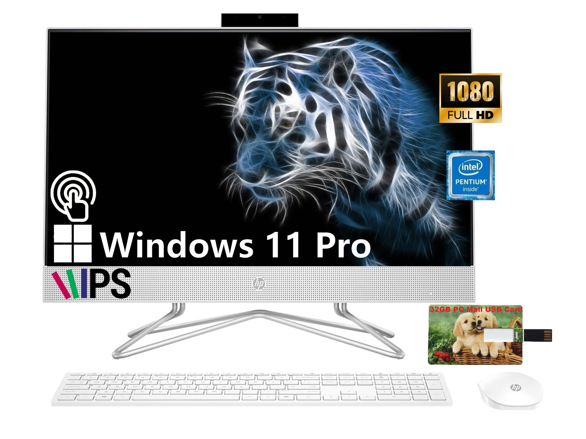 HP All-in-One Business Desktop, 23.8" FHD IPS Touchscreen, Intel Pentium Silver J5040 Processor, Windows 11 pro, 12GB RAM, 512GB SSD, HDMI, RJ-45, Keyboard & Mouse, 32GB PC Mall USB Card