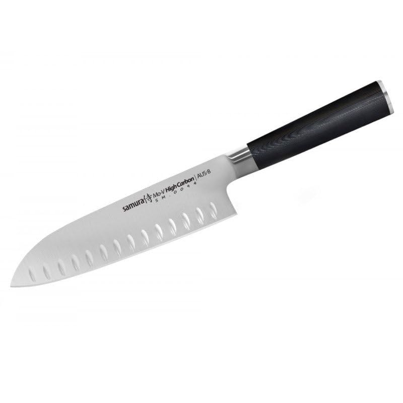 SAMURA MO-V Professional Japanese Kitchen Santoku Knife 7", Hardened to 58-61° HRC, Molybdenum-Vanadium Steel AUS-8 Blade, Ergonomic and Moisture Resistant G-10 Fibreglass Handle