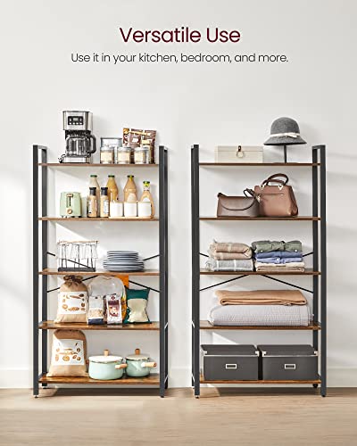 VASAGLE Bookshelf, 5-Tier Storage Rack with Steel Frame, for Living Room, Office, Study, Hallway, Industrial Style, Rustic Brown + Black, β11.8 x β31.5 x 60 inches