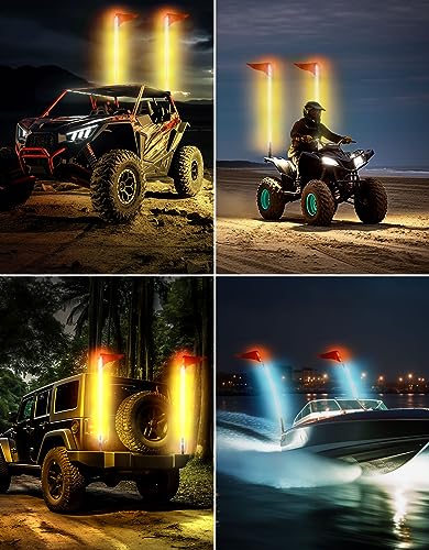 KEMIMOTO 5FT 2PCS LED Whip Lights with Spring Bases for UTV ATV, 22 Modes 21 Colors 5 Brightness 10 Speed IP67 Waterproof Wireless Control, compatible with Can Am Maverick X3 Polaris RZR Kawasaki SxS