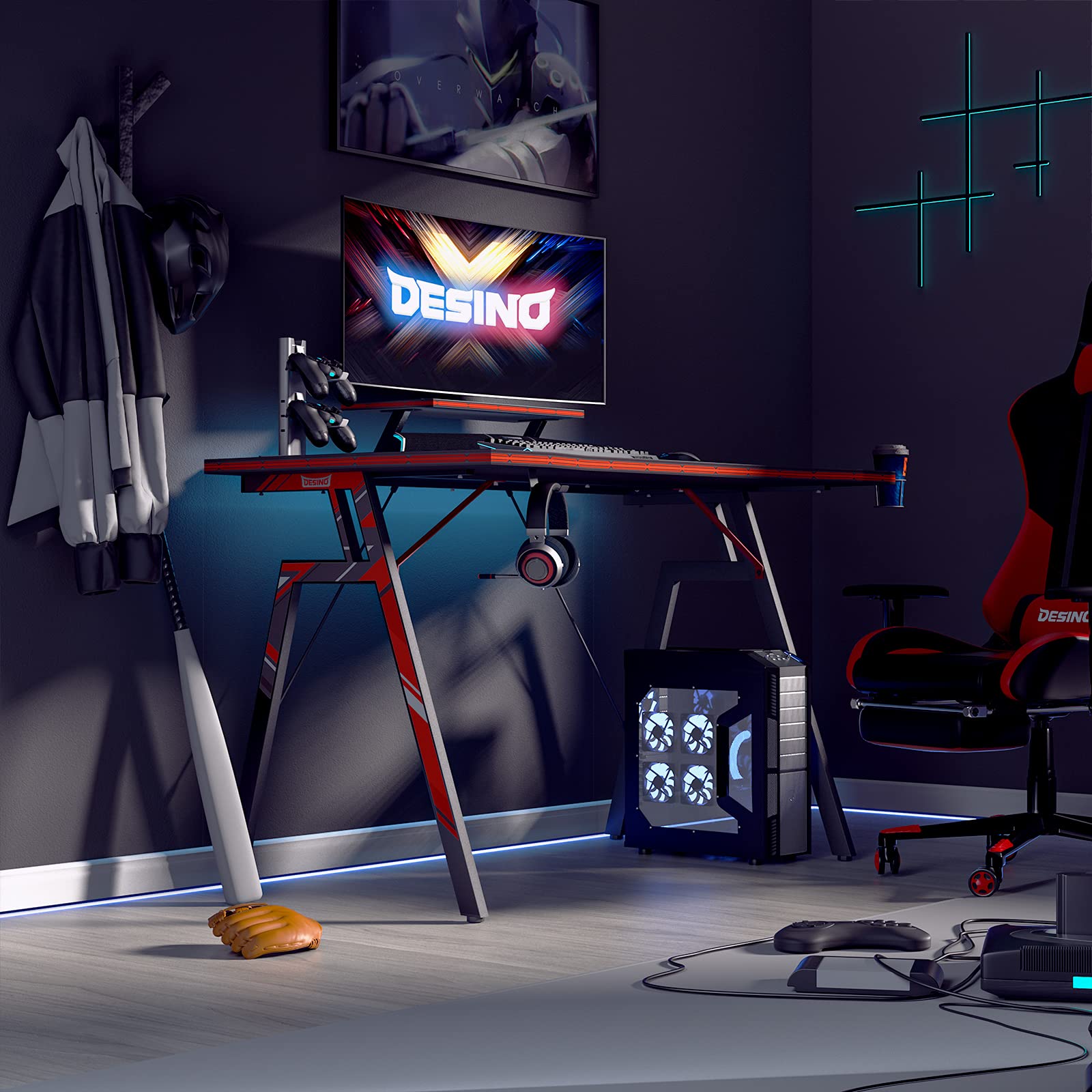 DESINO Gaming Desk 47 inch PC Computer Desk, Home Office Desk Table Gamer Workstation with Cup Holder and Headphone Hook, Black
