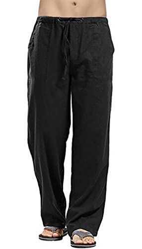 utcoco Qiuse Men's Casual Loose Fit Straight-Legs Stretchy Waist Beach Pants (X-Large, Black)