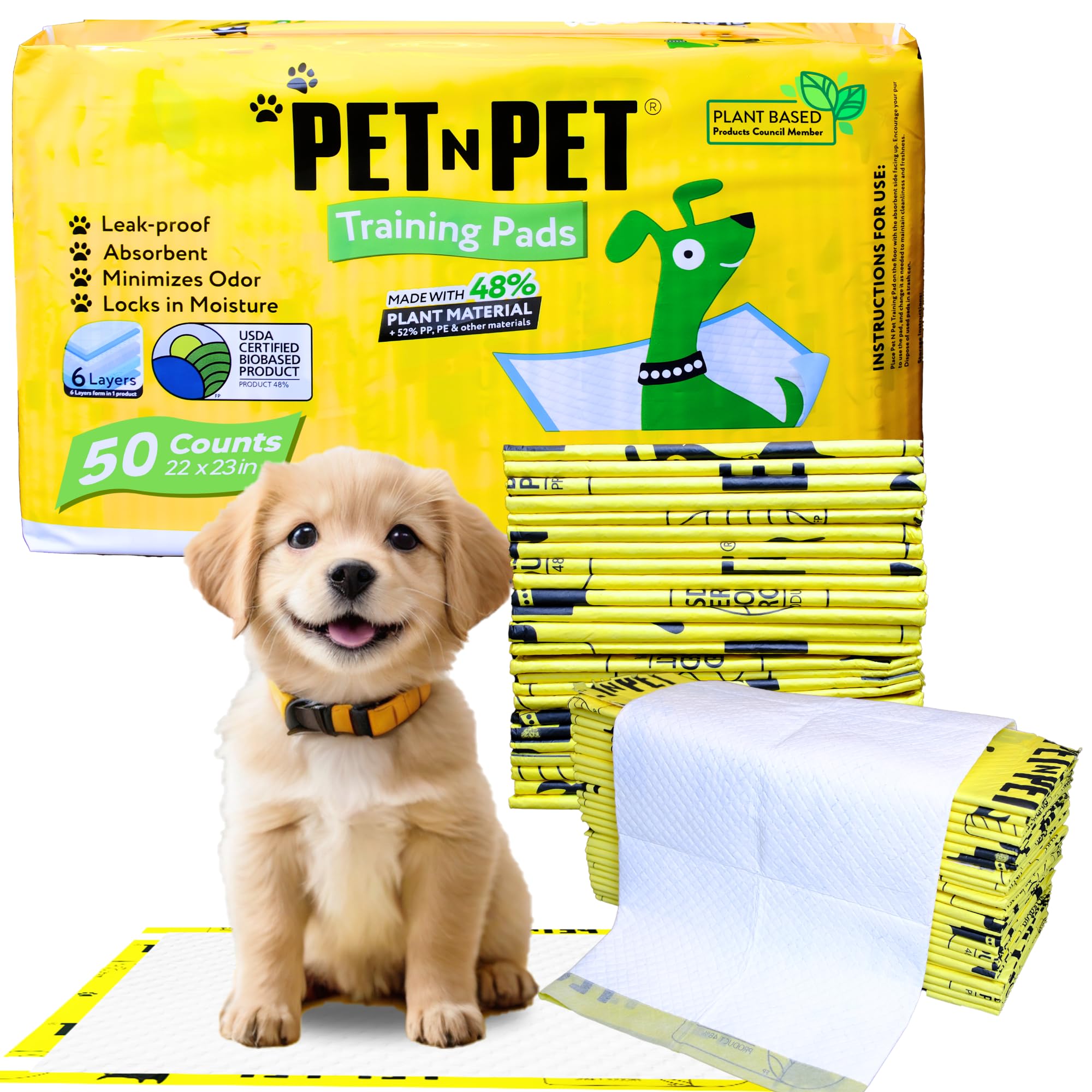 Pet N Pet Pee Pads for Dogs, 50 Counts Puppy Pads, 48% USDA Certified Plant Based Puppy Pee Pads, Unscented Dog Pad, Leak-Proof Training Pads for Dogs, Absorbent Dog Training Pads, Dog Pee Pads