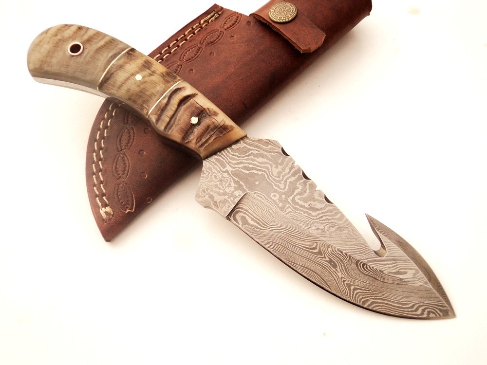 DKC Knives (8 8/18) DKC-826 Musoki Gut Hook Skinner Damascus Steel Knife 9" Overall 5" Blade 8.5 oz Hand Made