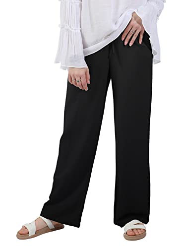 utcoco Women's Cotton Linen Drawstring High Waisted Pants Casual Loose Fit Wide Leg Trousers (L, Black)