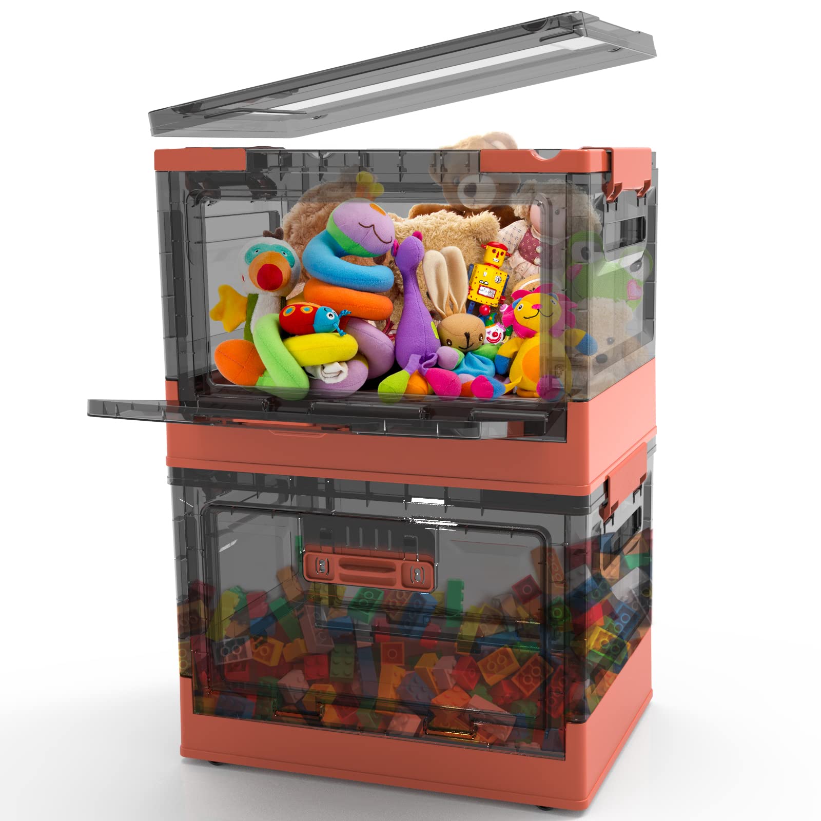 Dollox 2 Pack Plastic Storage Bins with Lids, Stackable Storage Bins, Clear Storage Bins Plastic Storage Cart Foldable Box with Wheels Storage Box Totes for Home Room Organizer(Orange)