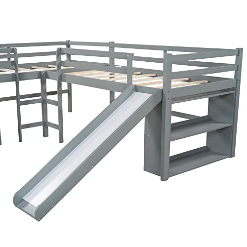 VilroCaz L-Shaped Twin Size Loft Bed with Widened Ladders and Slide, Solid Wood Loft Bed Frames with Safety Guardrail and Movable Bookshelfs for Kids, Teens, Girls & Boys (Gray)