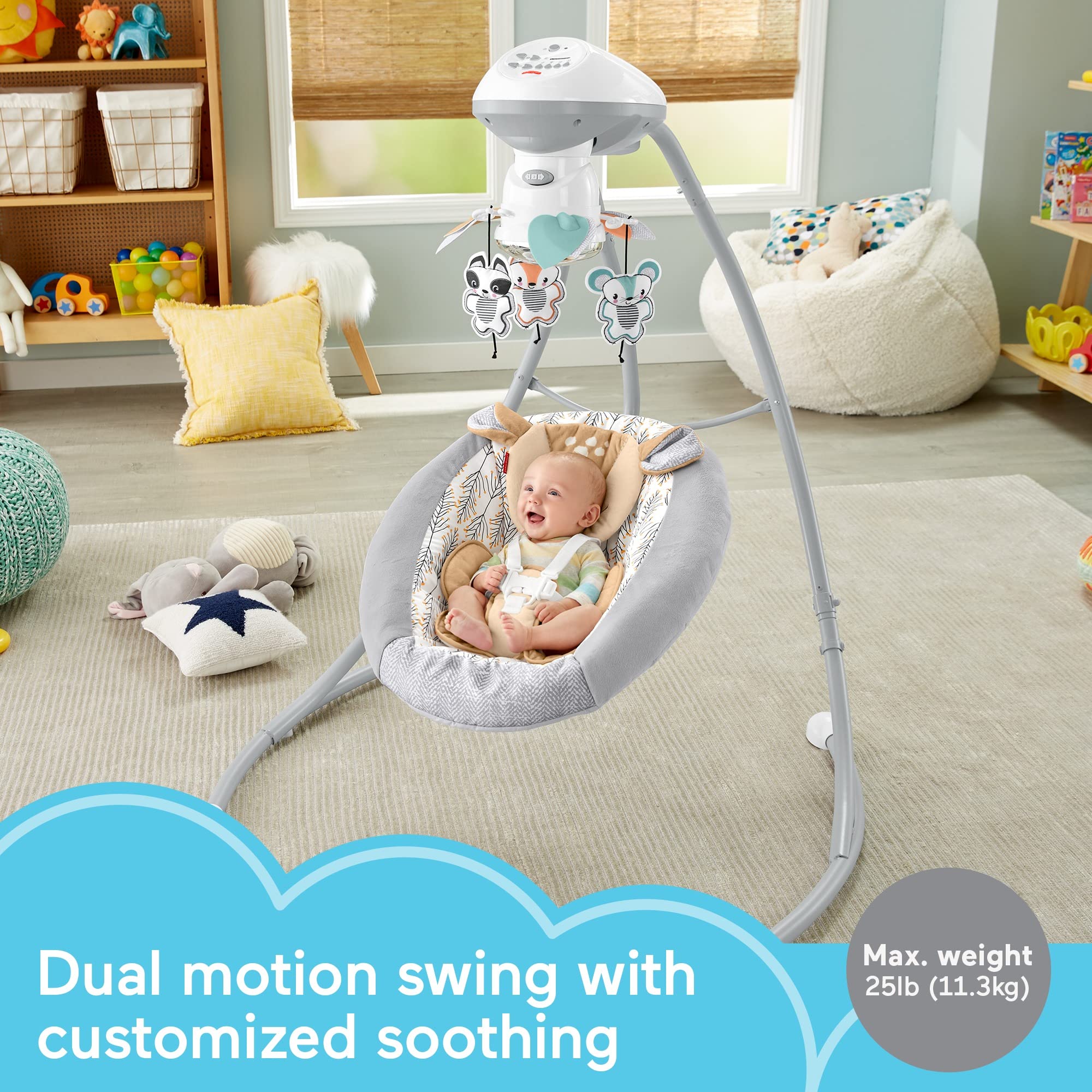 Fisher-Price Fawn Meadows Swing, dual motion baby swing with music, sounds, and motorized mobile [Amazon Exclusive]
