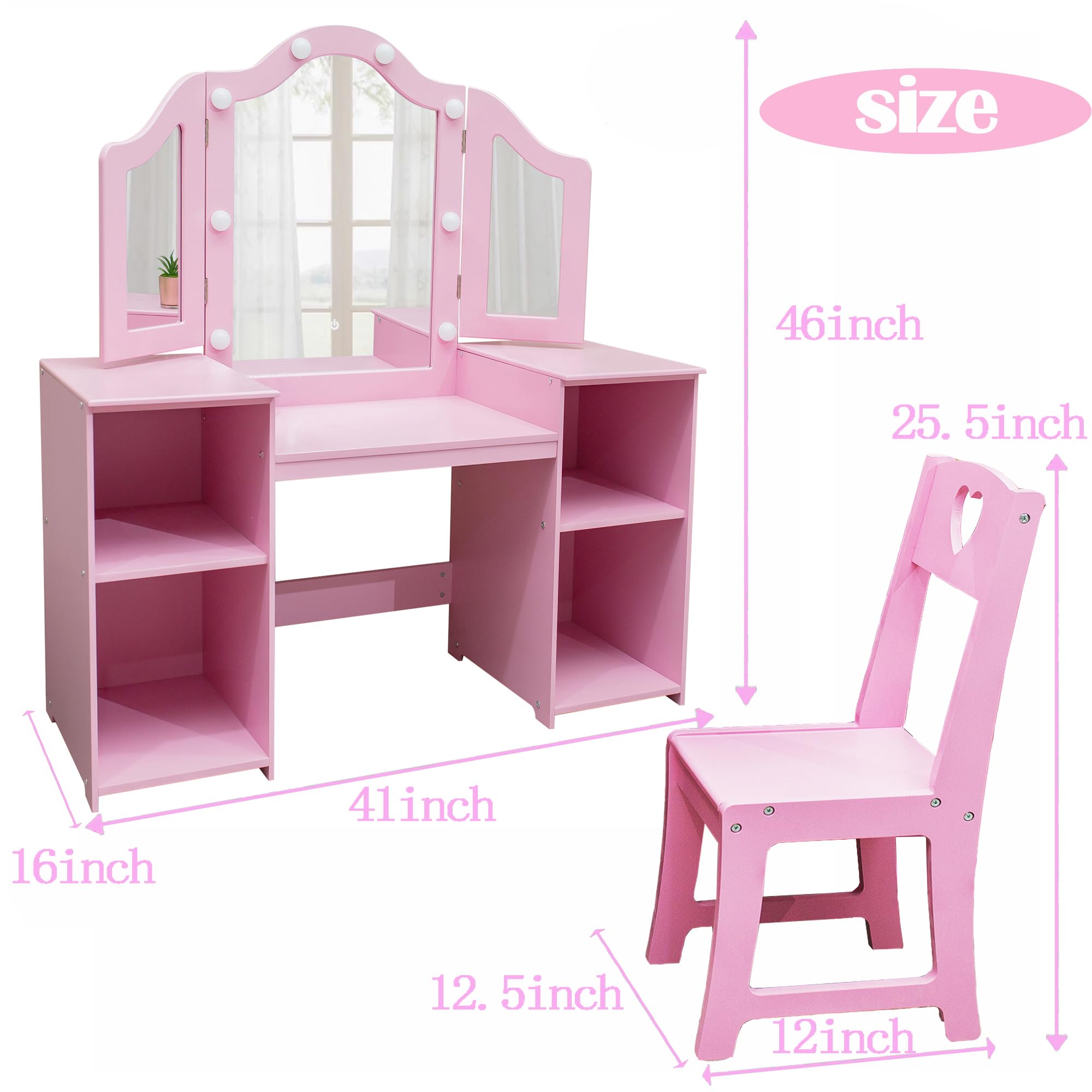 Kids Vanity Table, Girls Vanity Withtouch Light Detachable Tri-Folding Mirror, Open Storage Shelves, Wood Makeup Playset with Chair, Princess Vanity Table for Toddlers