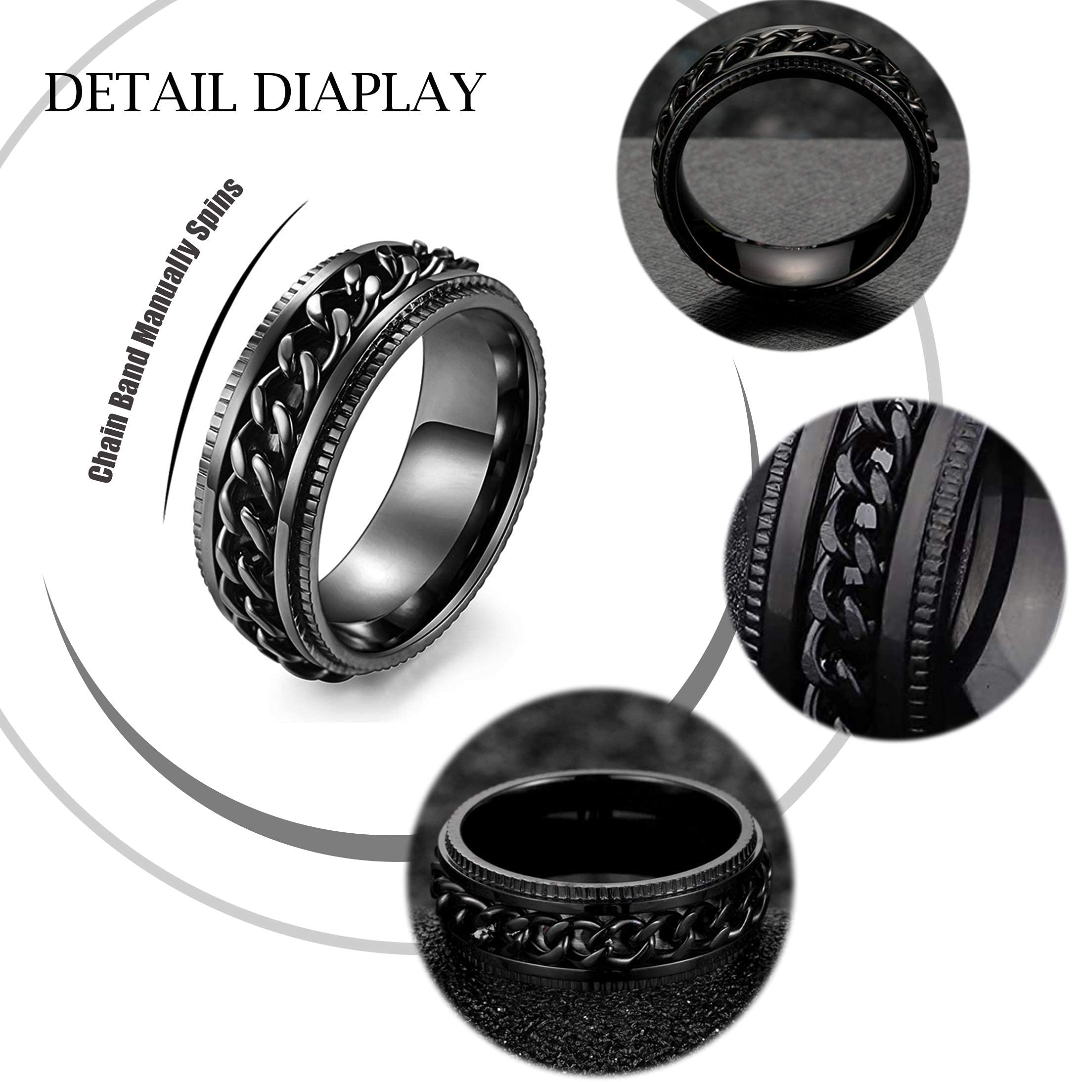 EIELO 4 Pieces Band Rings for Men Women Stainless Steel Cool Chain Inlaid Fidget Spinner Ring Black Silver Anxiety Wedding Pormise Ring Set