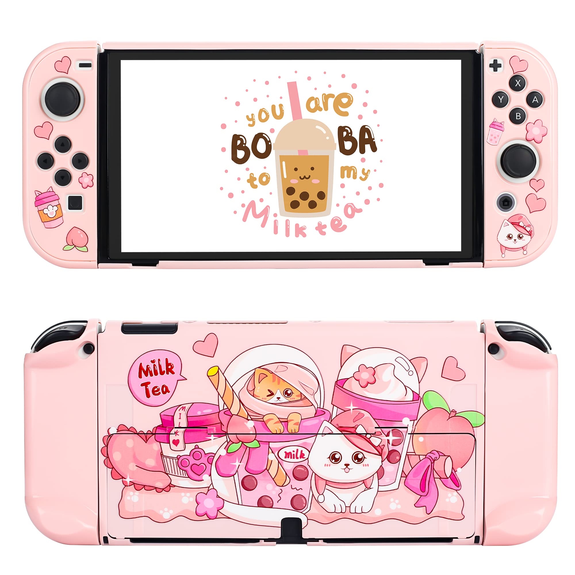 FANPL Cute Case Compatible with Nintendo Switch OLED 2021, Pink Cover with Milk Tea & Cat Pattern for Switch OLED, Hard PC Shell with Ergonomics Joycon Case, Dockable Protective Case for Girls