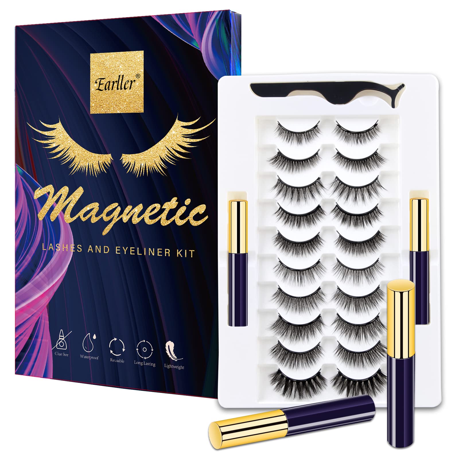 EARLLER Magnetic Eyelashes with Eyeliner Kit,10 Pairs Natural Look False Lashes with Applicator - Easy to Apply and No Glue Needed, 3D & 5D Reusable Short and Long Eyelashes Set